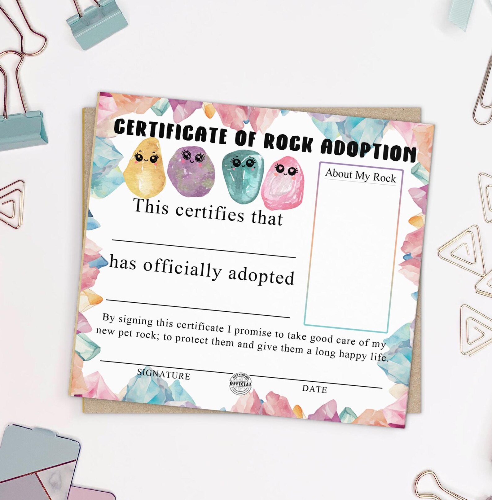 Colorful Pastel Pet Rocks Certificate for Geology Birthday or Special ...