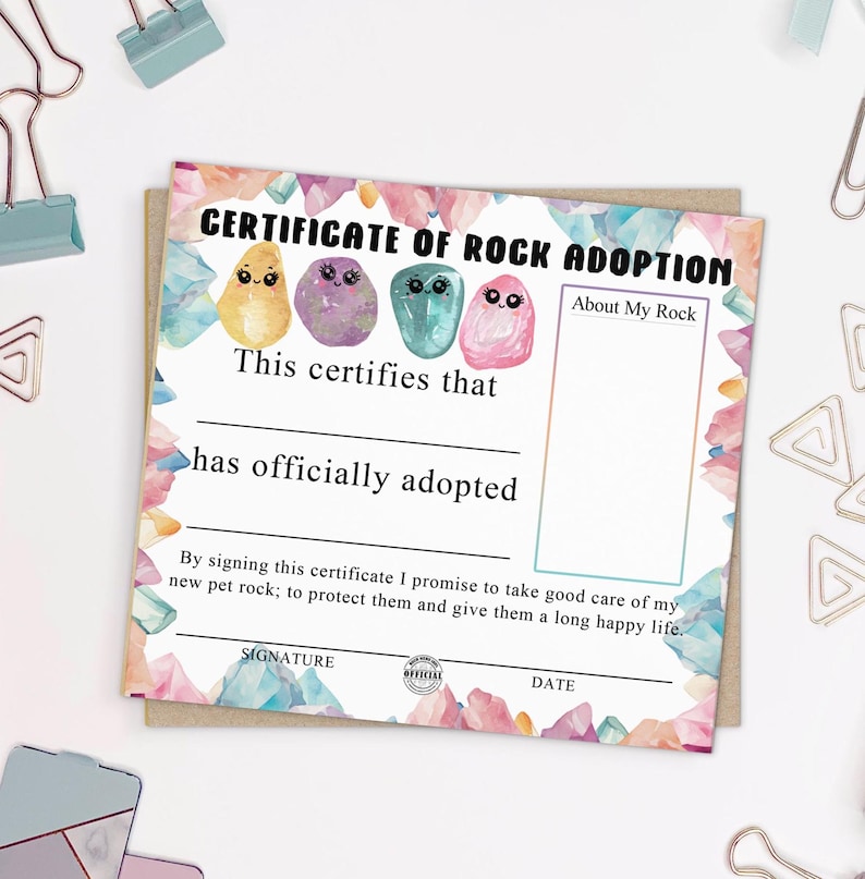 Colorful Pastel Pet Rocks Certificate for Geology Birthday or Special ...