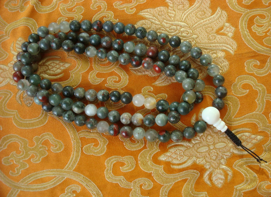 African Bloodstone 10mm Buddhist Mala Prayer Beads With a White Shell ...