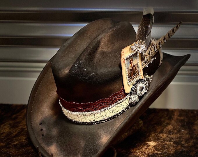 Branded Cowboy Hat, Distressed Cowgirl Hat, Burned Wide Brim Hat ...