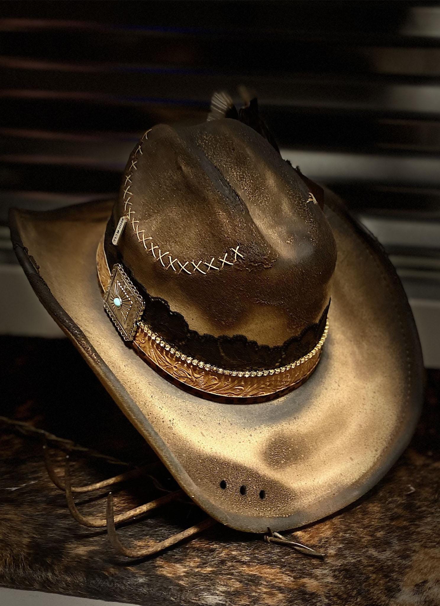 Branded Cowboy Hat, Distressed Cowgirl Hat, Burned Wide Brim Hat ...