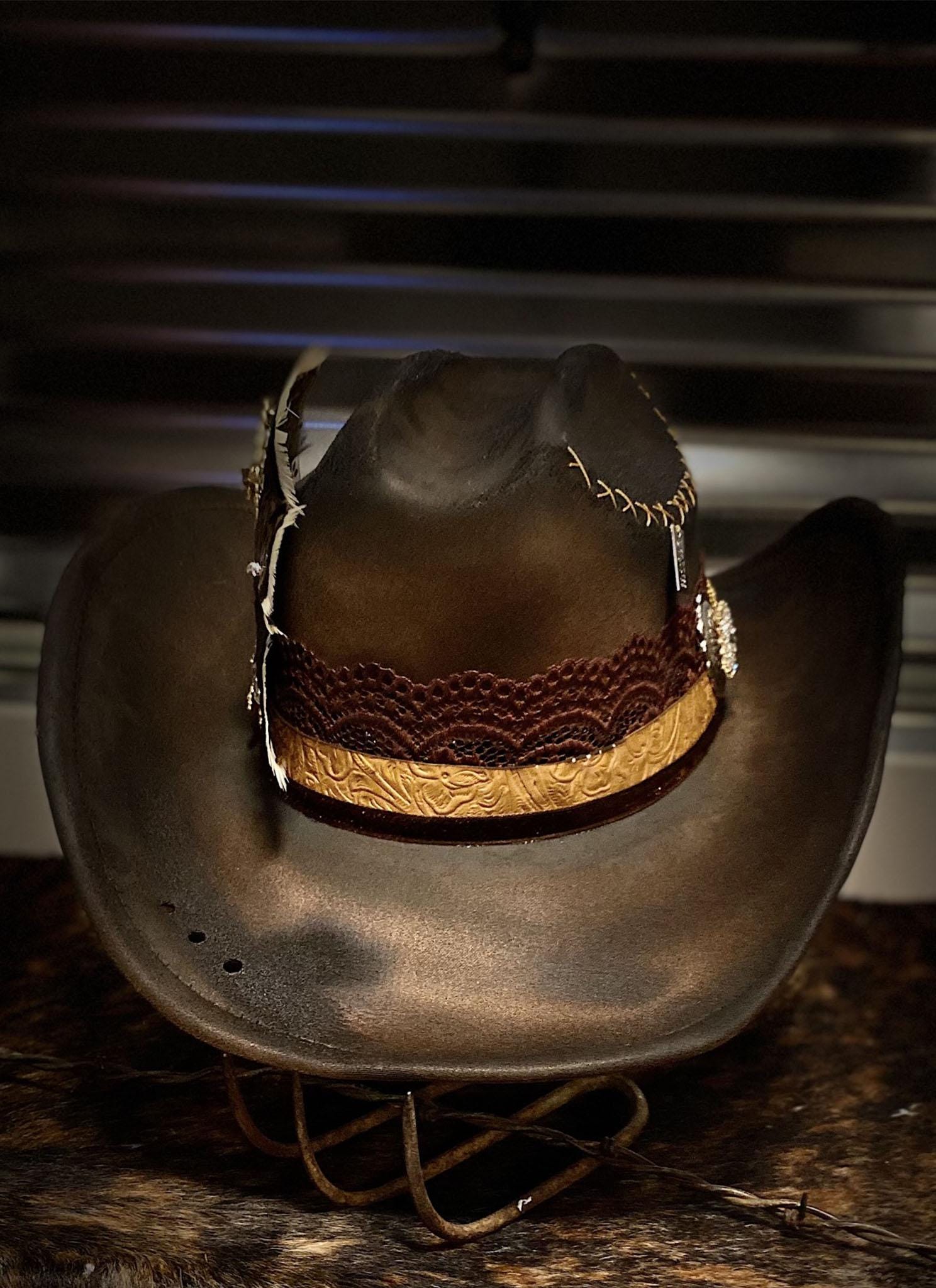Branded Cowboy Hat, Distressed Cowgirl Hat, Burned Wide Brim Hat ...