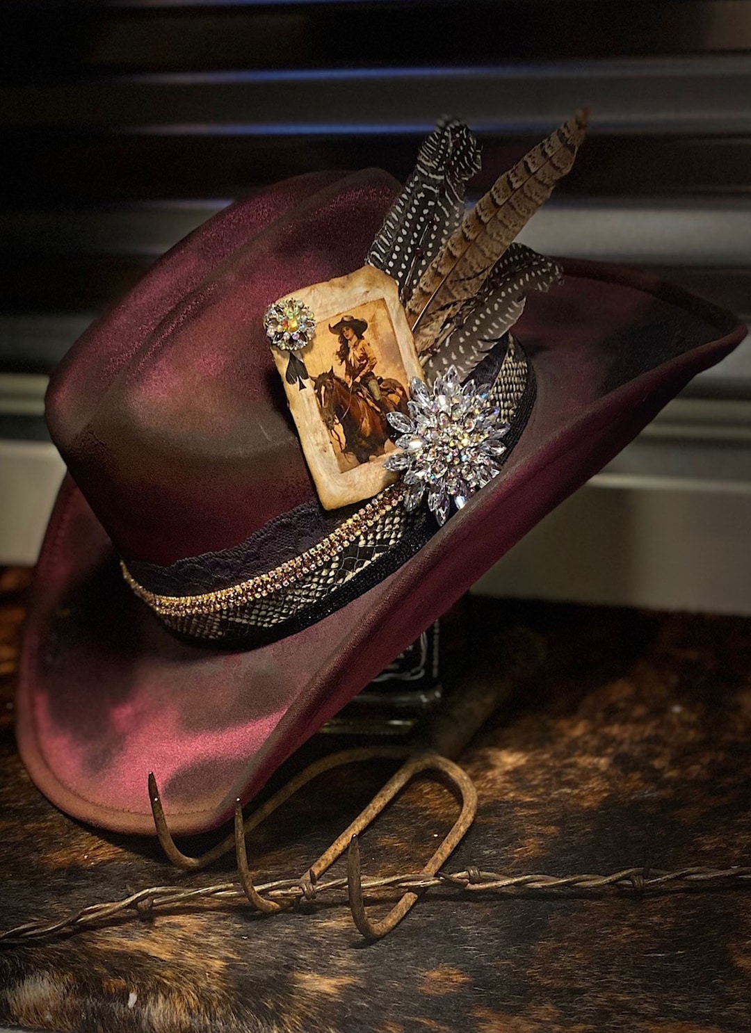 Branded Cowboy Hat, Distressed Cowgirl Hat, Burned Wide Brim Hat ...