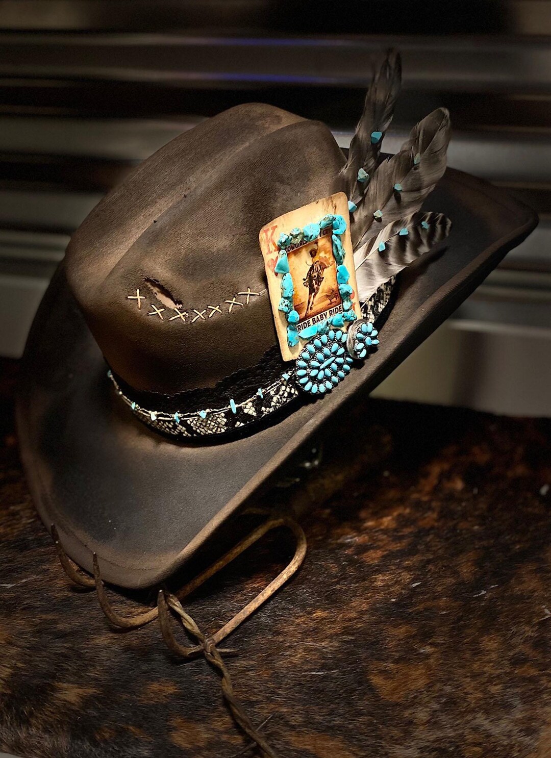 Branded Cowboy Hat, Distressed Cowgirl Hat, Burned Wide Brim Hat ...