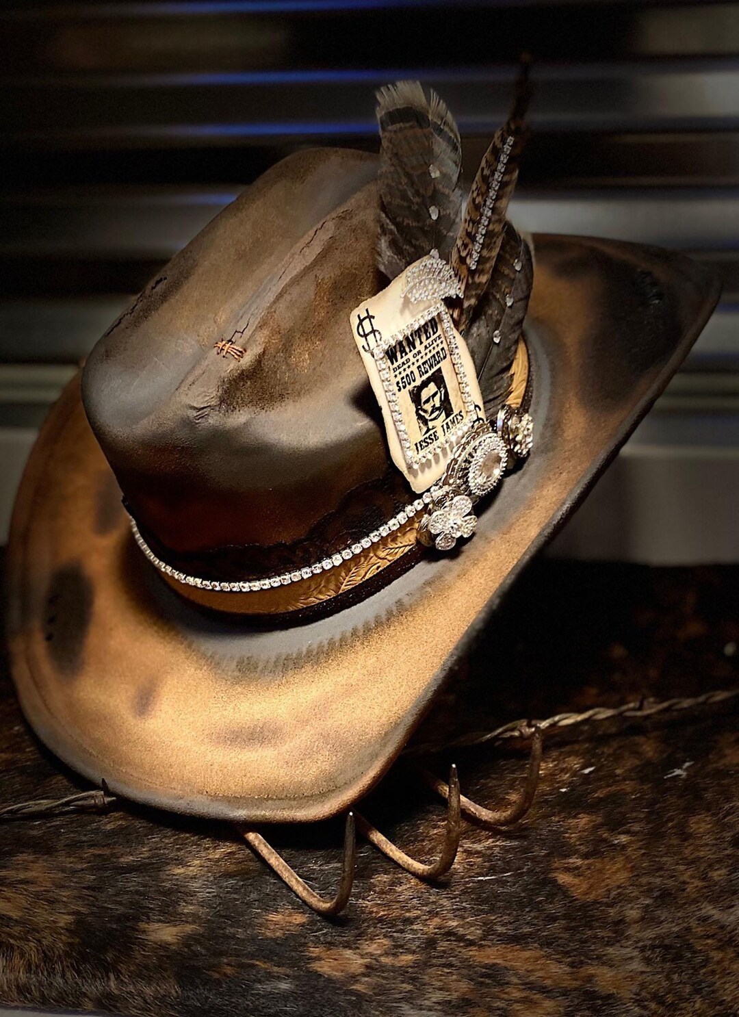 Branded Cowboy Hat, Distressed Cowgirl Hat, Burned Wide Brim Hat ...