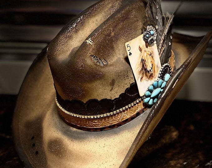 Branded Cowboy Hat, Distressed Cowgirl Hat, Burned Wide Brim Hat ...