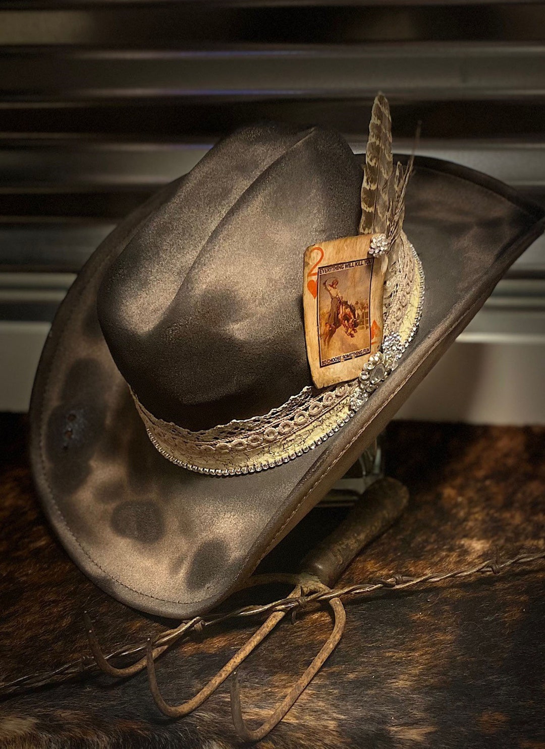 Branded Cowboy Hat, Distressed Cowgirl Hat, Burned Wide Brim Hat, Western Hat, Custom Cowboy Hat ...