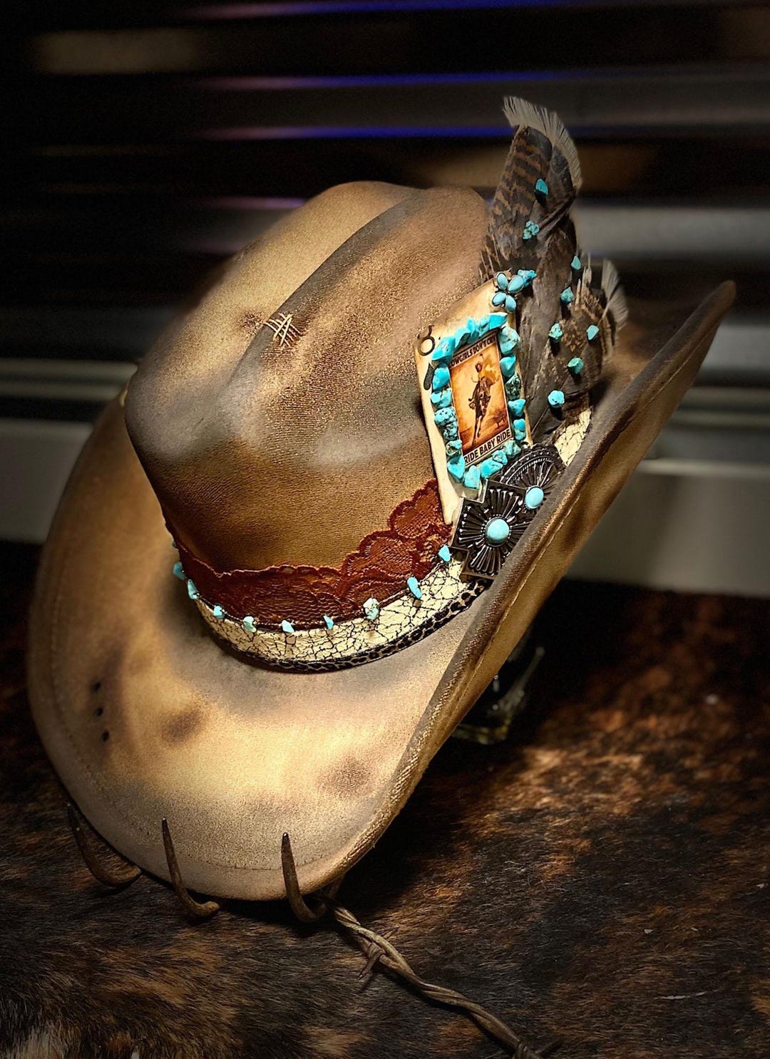 Branded Cowboy Hat, Distressed Cowgirl Hat, Burned Wide Brim Hat ...