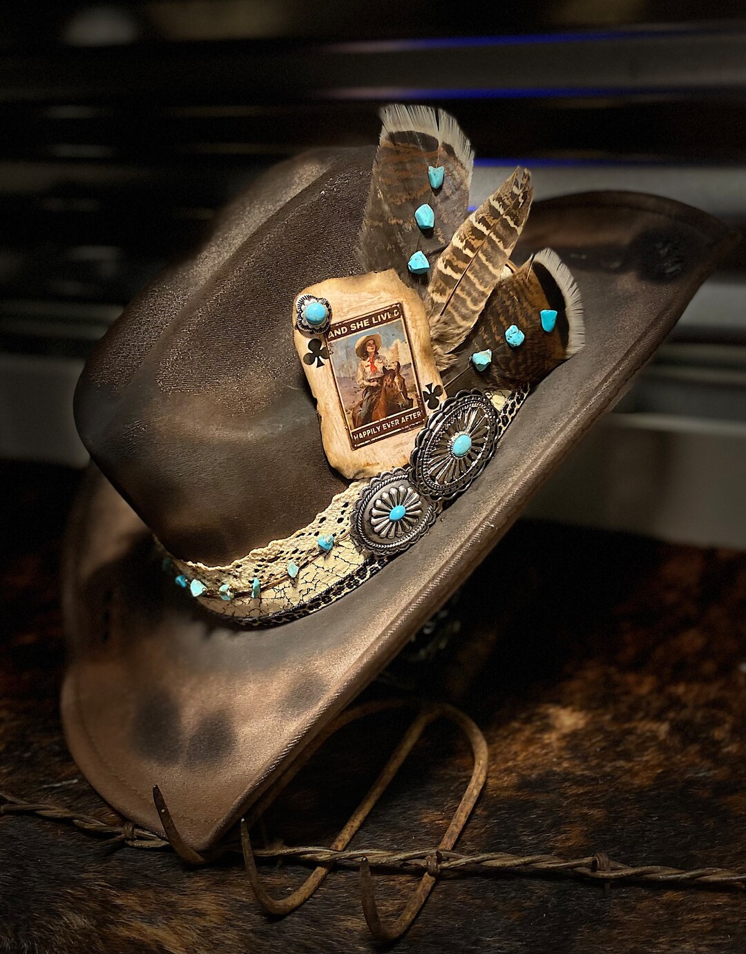 Branded Cowboy Hat, Distressed Cowgirl Hat, Burned Wide Brim Hat ...