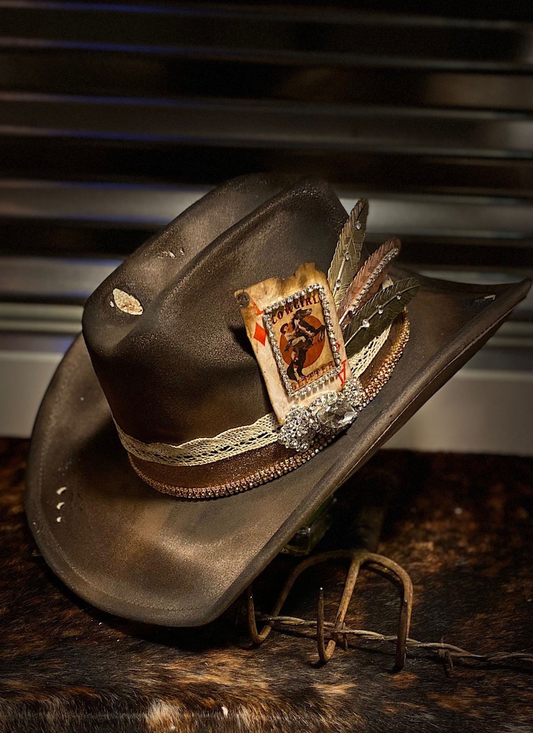 Branded Cowboy Hat, Distressed Cowgirl Hat, Burned Wide Brim Hat ...