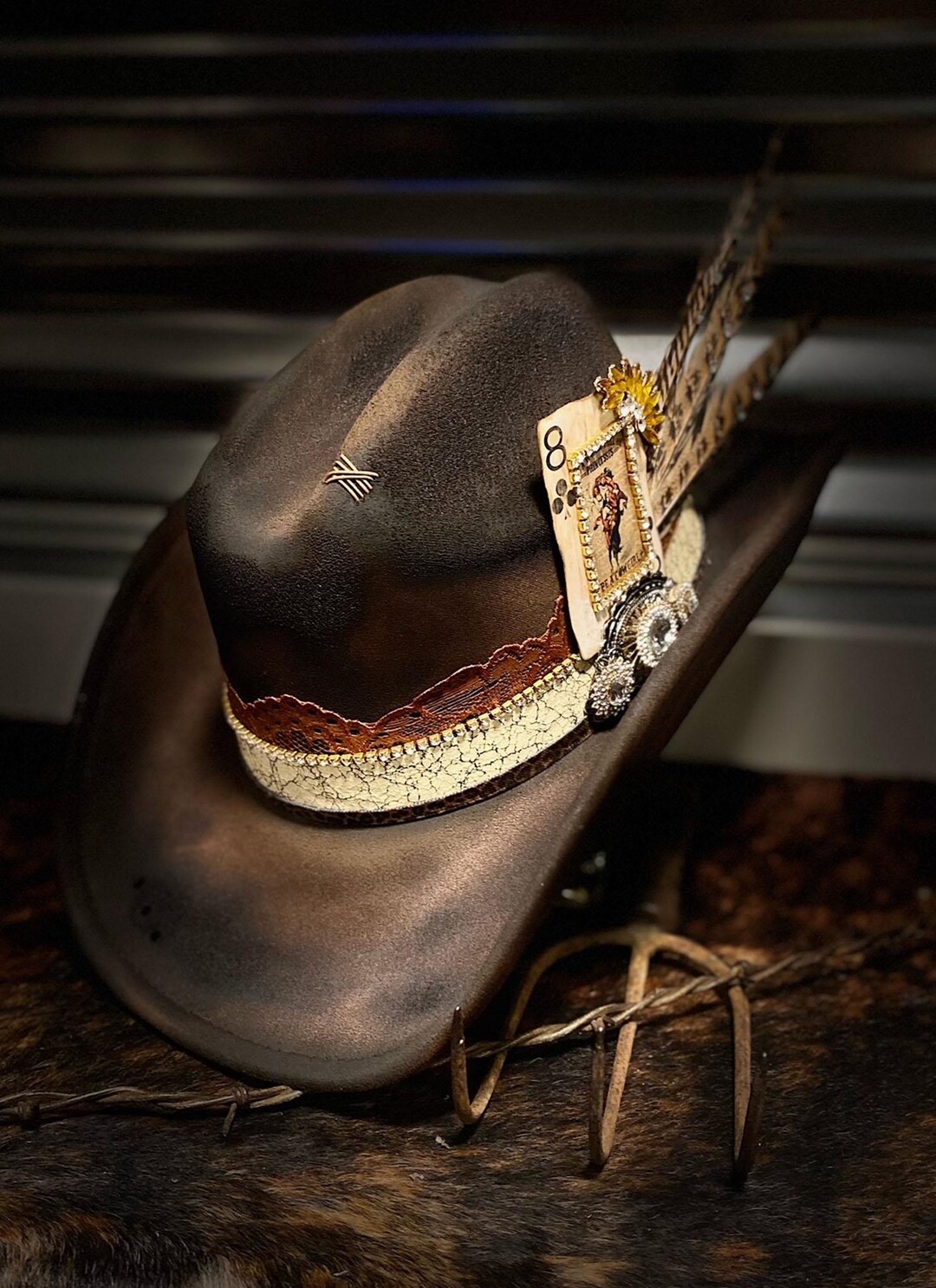 Branded Cowboy Hat, Distressed Cowgirl Hat, Burned Wide Brim Hat ...