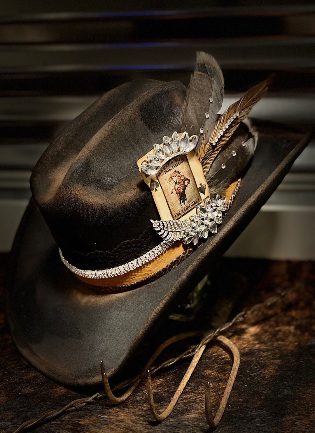 Branded Cowboy Hat, Distressed Cowgirl Hat, Burned Wide Brim Hat ...