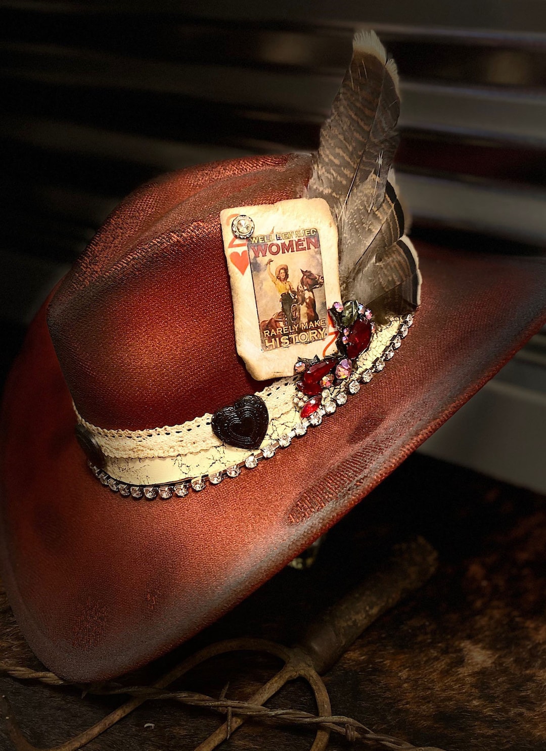 Branded Cowboy Hat, Distressed Cowgirl Hat, Burned Wide Brim Hat ...