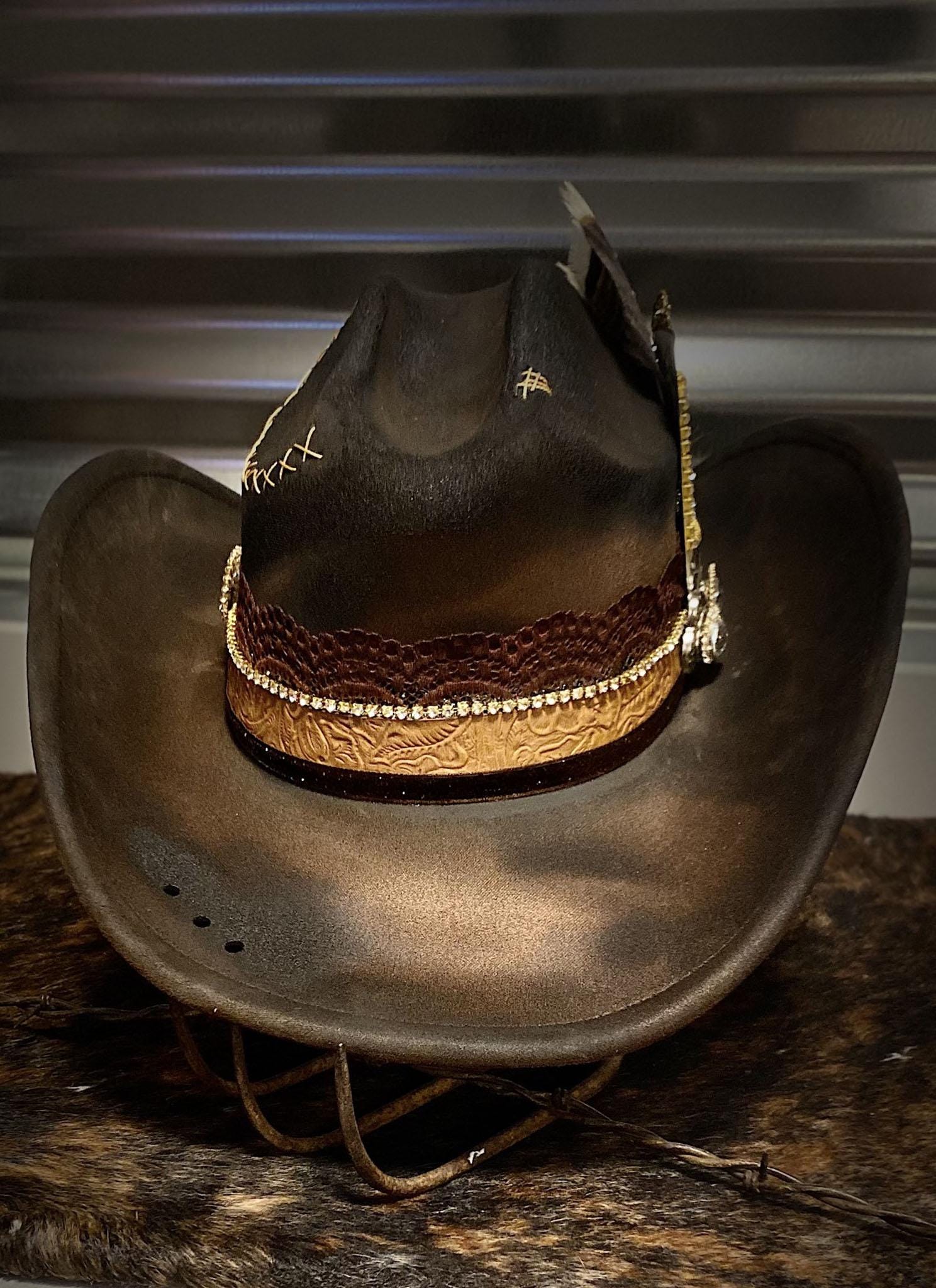Branded Cowboy Hat, Distressed Cowgirl Hat, Burned Wide Brim Hat ...