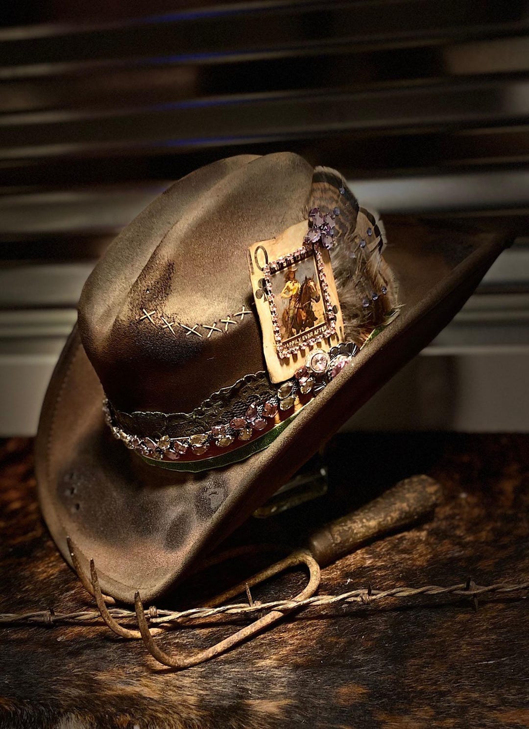 Branded Cowboy Hat, Distressed Cowgirl Hat, Burned Wide Brim Hat ...