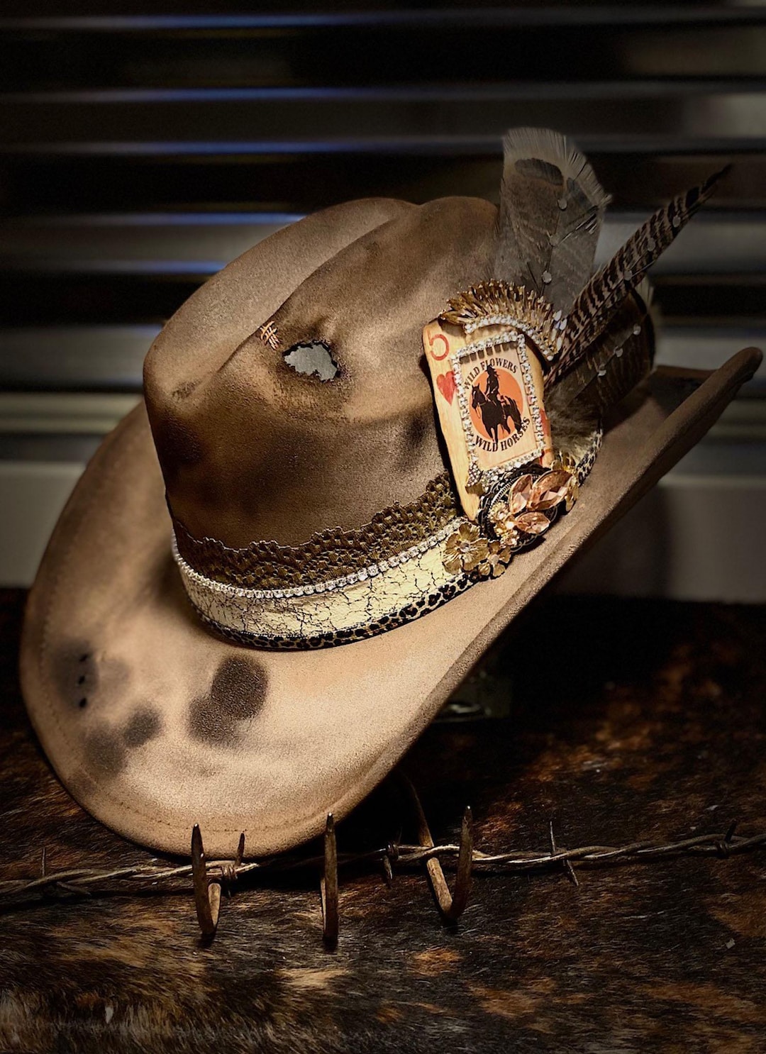 Branded Cowboy Hat, Distressed Cowgirl Hat, Burned Wide Brim Hat ...
