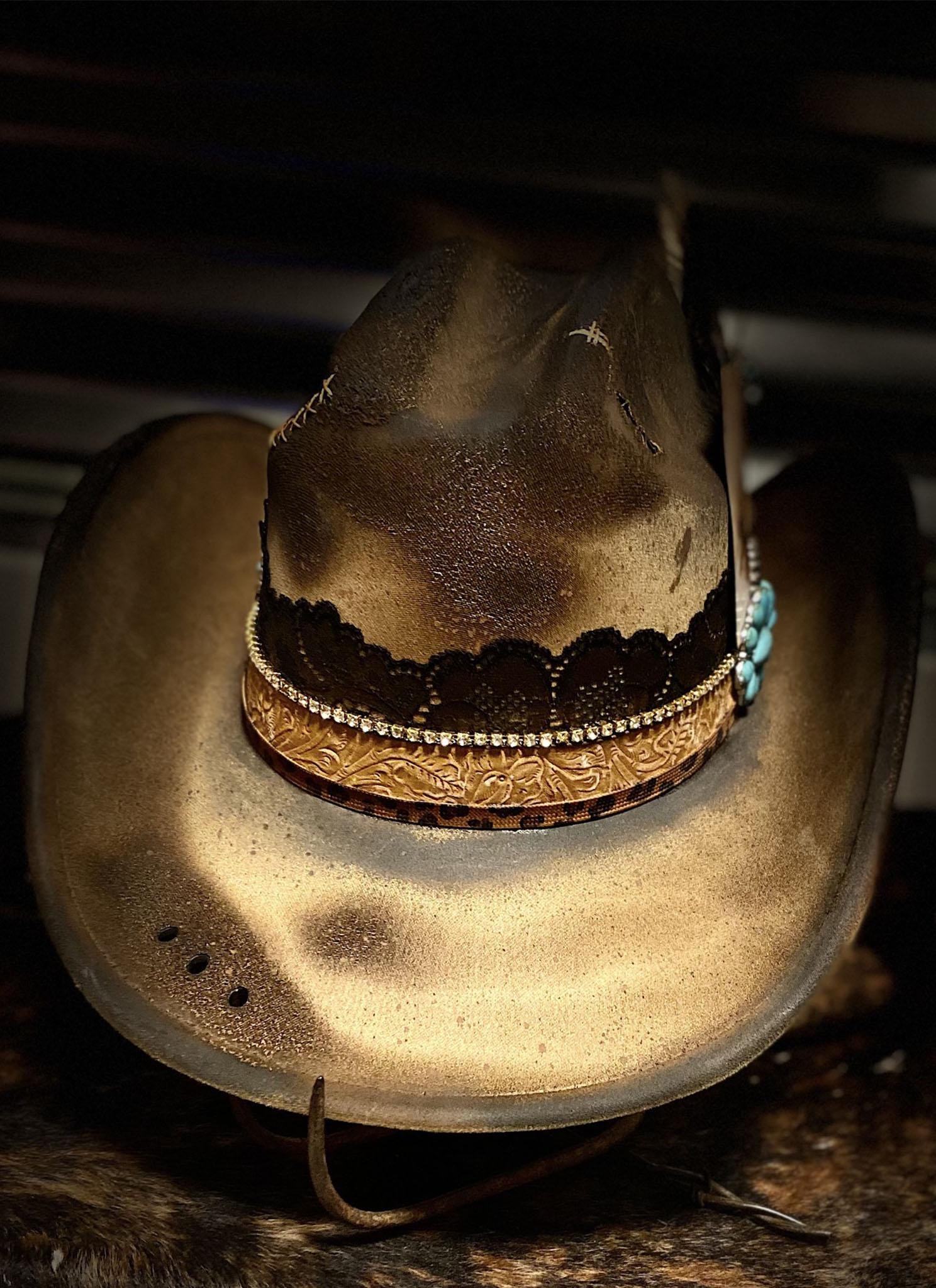 Branded Cowboy Hat, Distressed Cowgirl Hat, Burned Wide Brim Hat ...