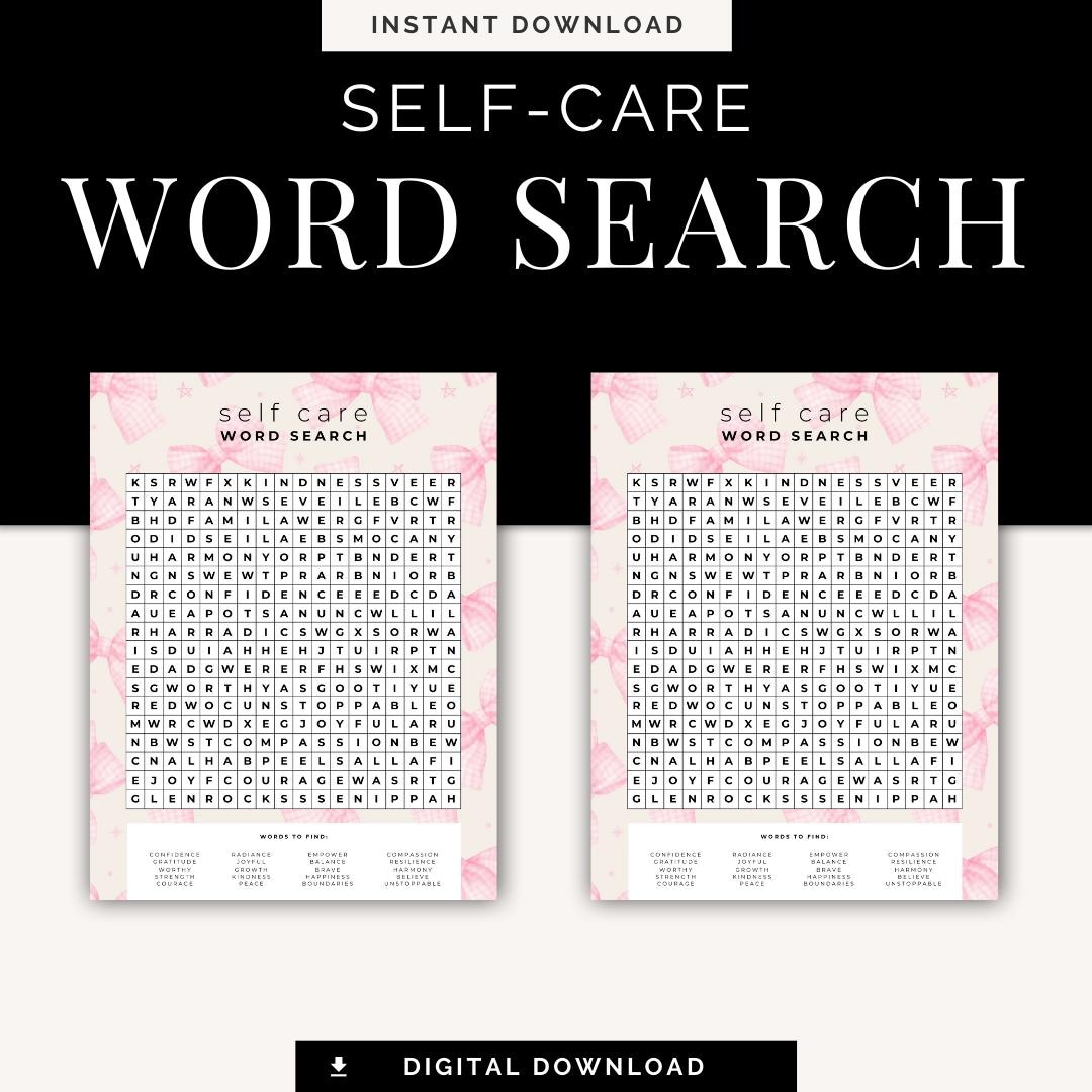 Self-care Word Search Puzzle | Pink Coquette Bow | Mindfulness Puzzle ...