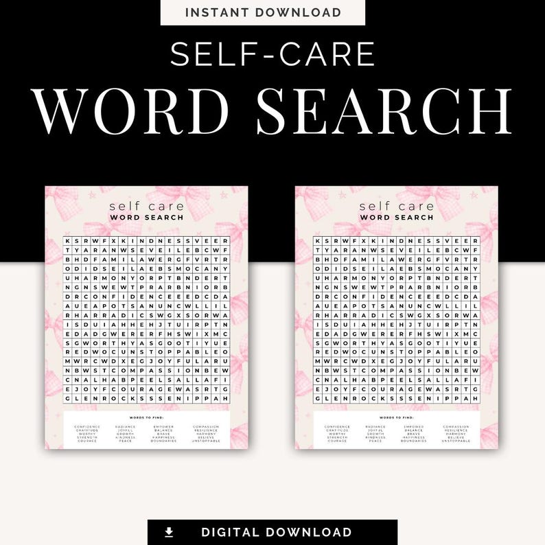 Self-care Word Search Puzzle: Pink Coquette Bow (digital Download) - Etsy