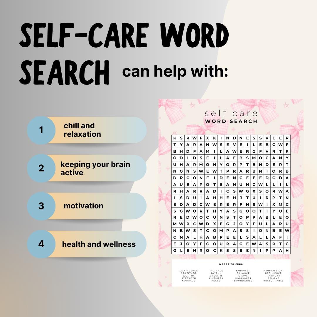 Self-care Word Search Puzzle: Pink Coquette Bow (digital Download) - Etsy