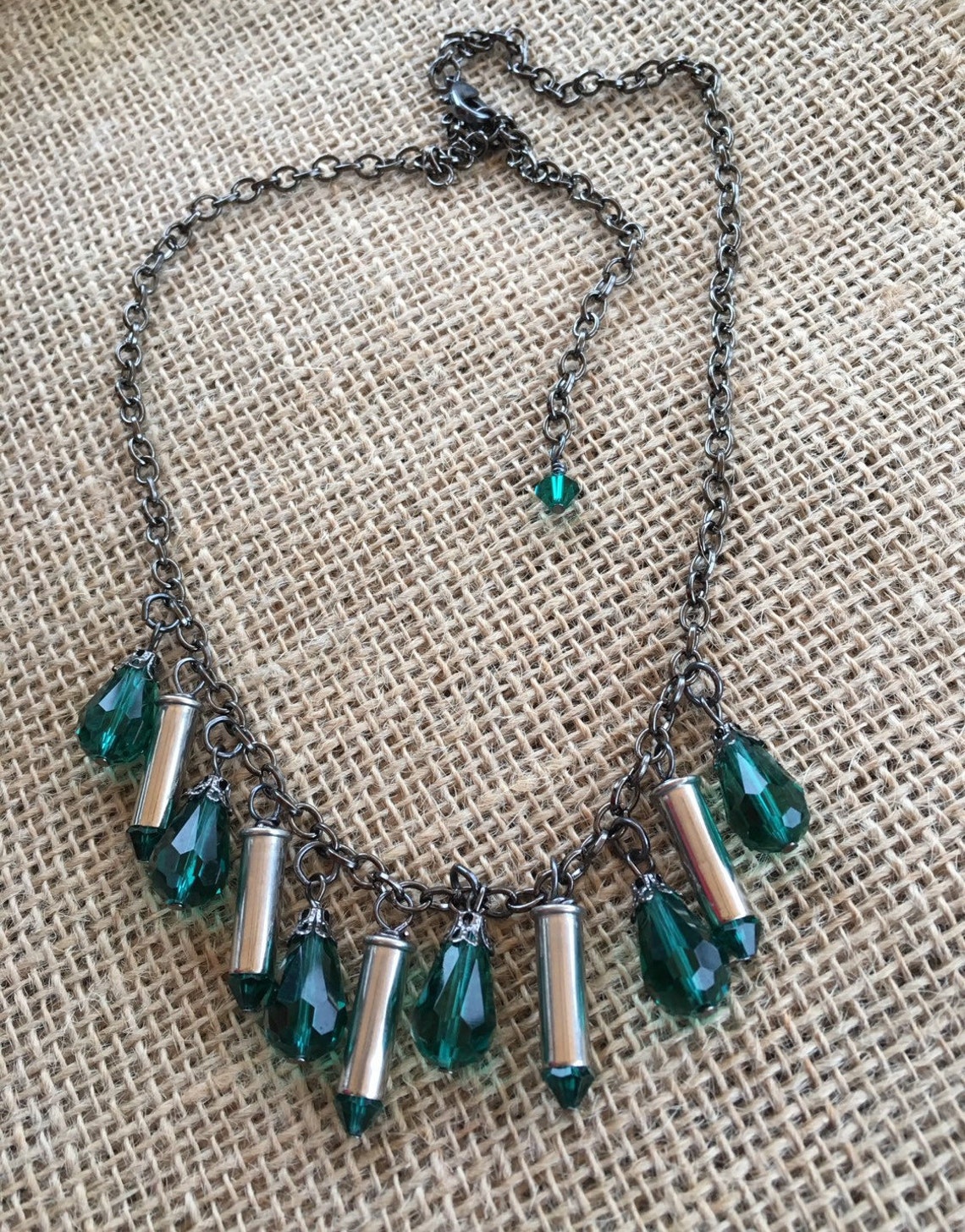 22 Caliber Silver Bullet Casing Necklace With Emerald Faceted Glass ...