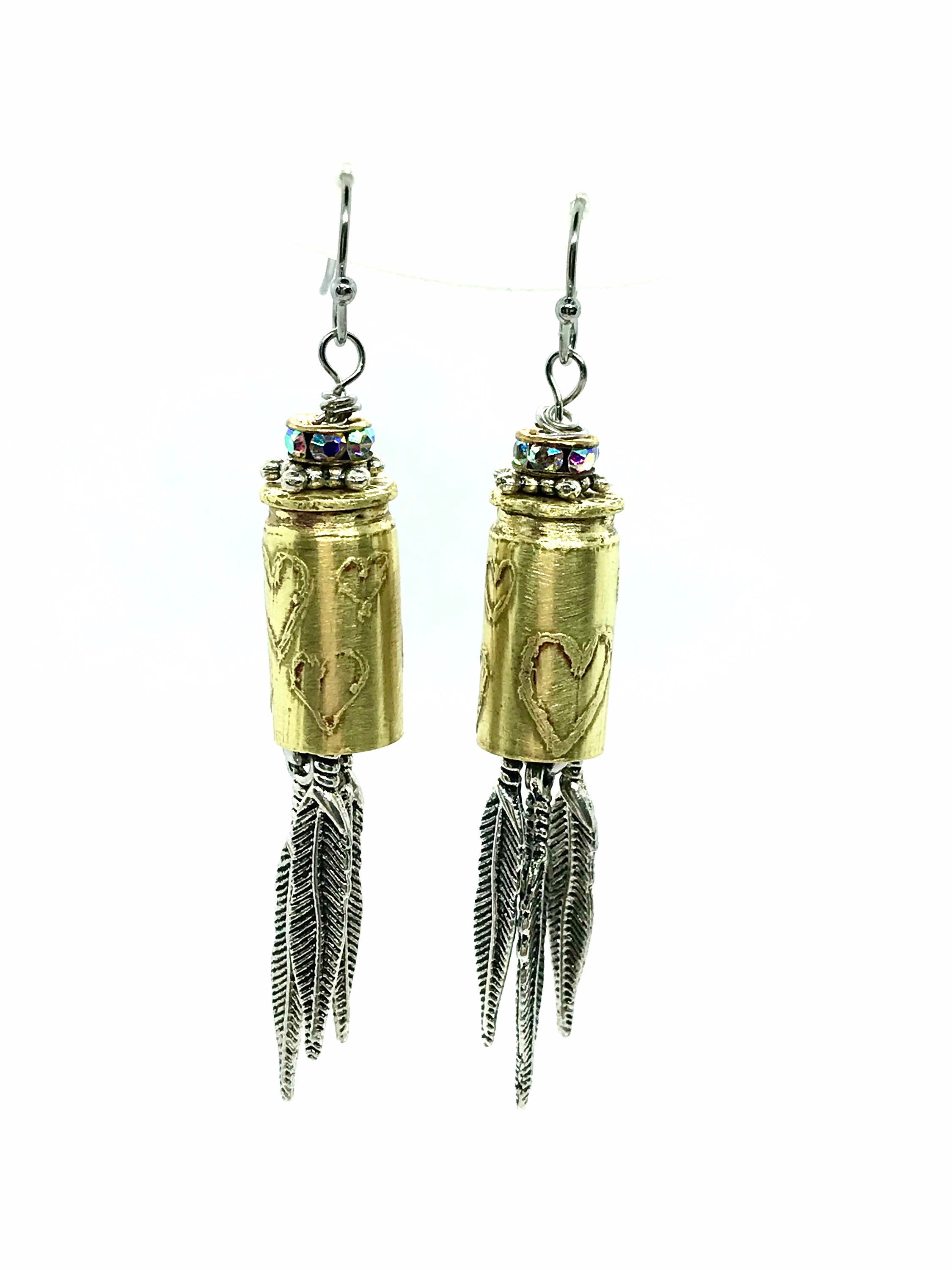 9 Mm Bullet Casings Etched With a Heart Design With Feather Dangles ...