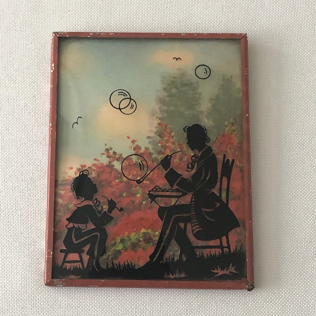 Antique Silhouette Bubble Glass Art Painting Father and Child Blowing ...