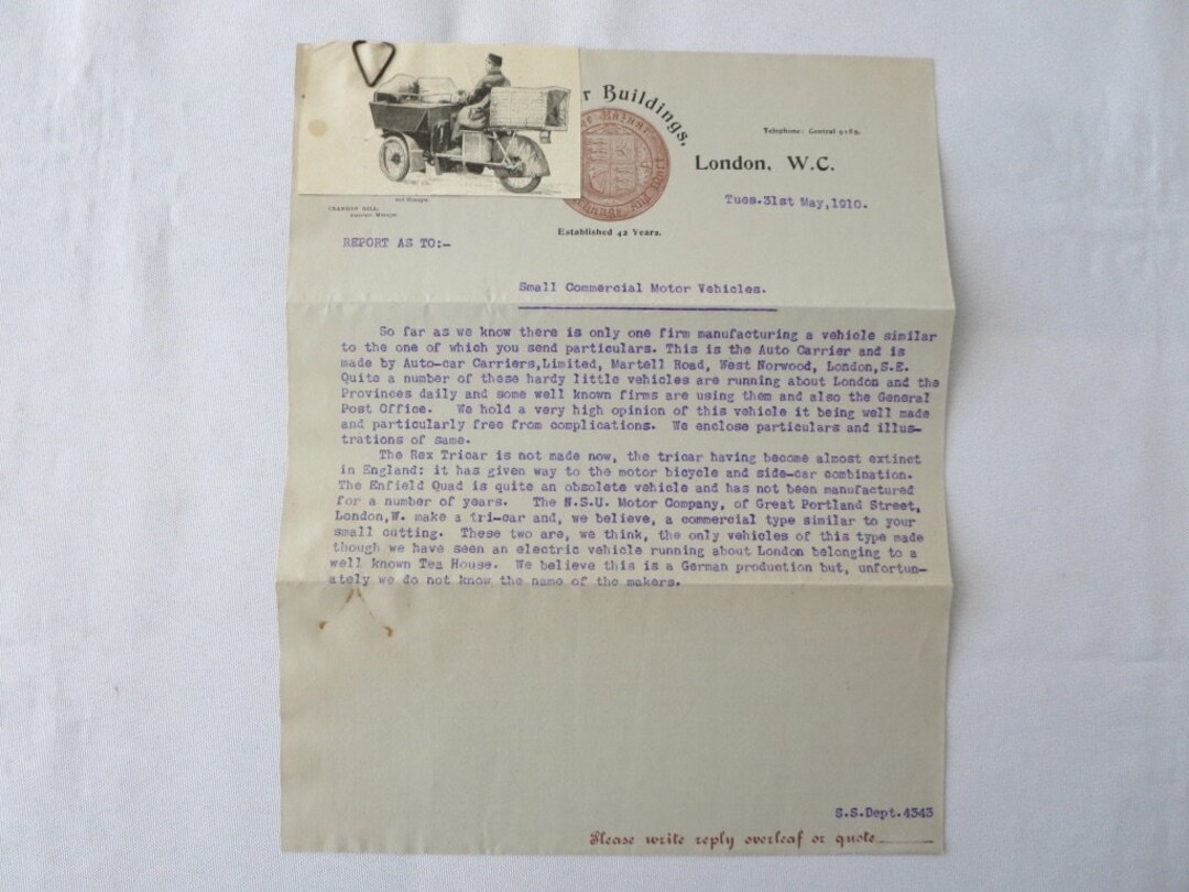 1910 Commerical Vehicle Motorcycle Company Letter Letterhead Rex Tricar ...