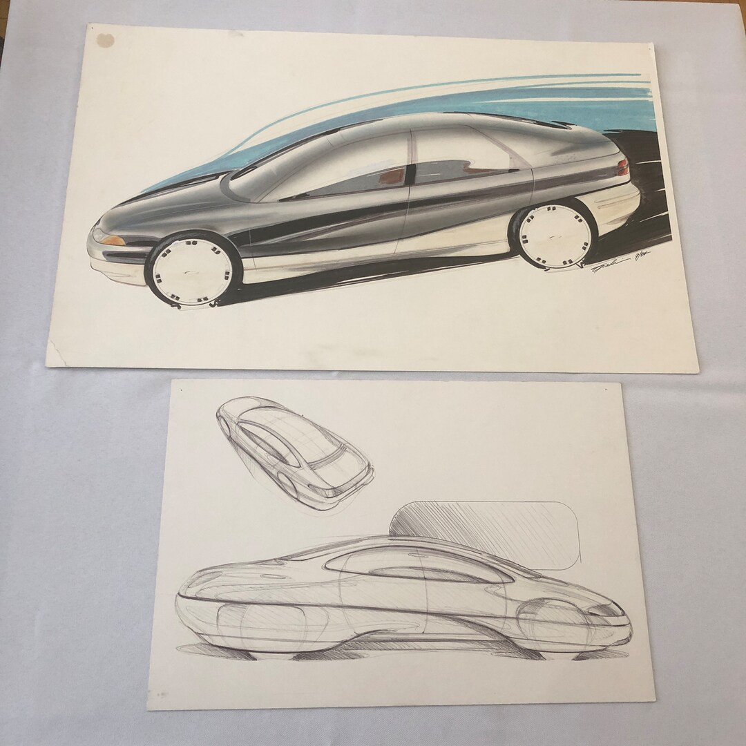 Vintage Concept Car Styling Art Design Illustration Lot of 2x Signed ...