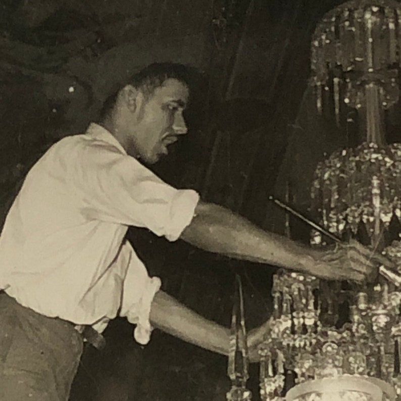 Press Photo Photograph Man Working on Fancy Chandelier 1930s Underwood ...