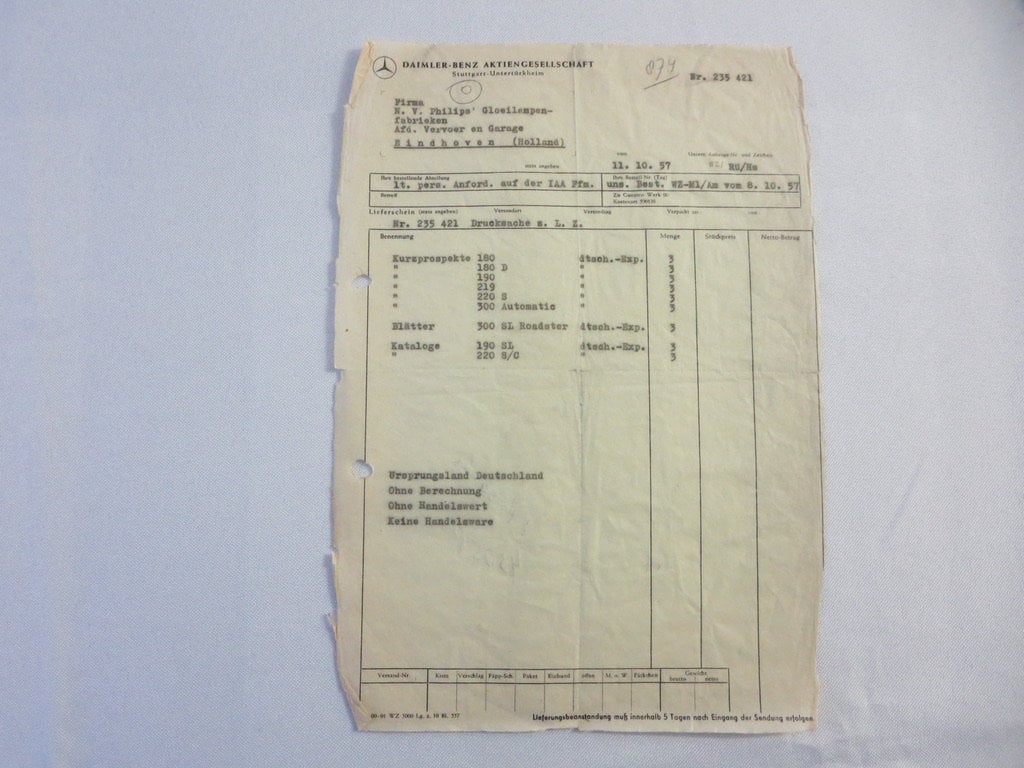 1957 Mercedes Benz Daimler Letter Document Invoice for Brochures 300 SL ...