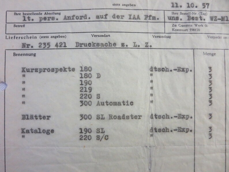 1957 Mercedes Benz Daimler Letter Document Invoice for Brochures 300 SL ...