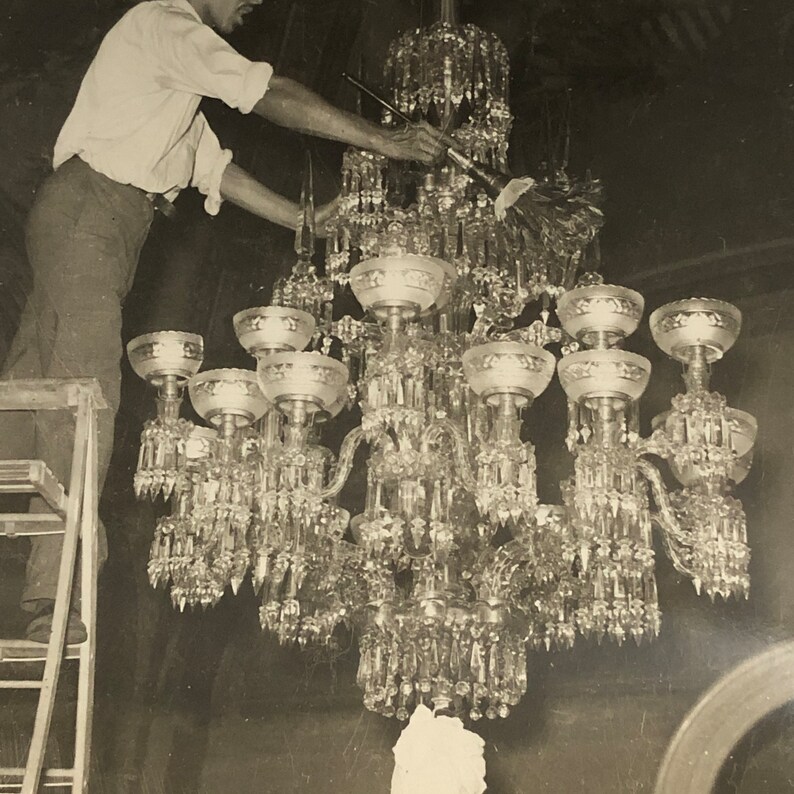 Press Photo Photograph Man Working on Fancy Chandelier 1930s Underwood ...