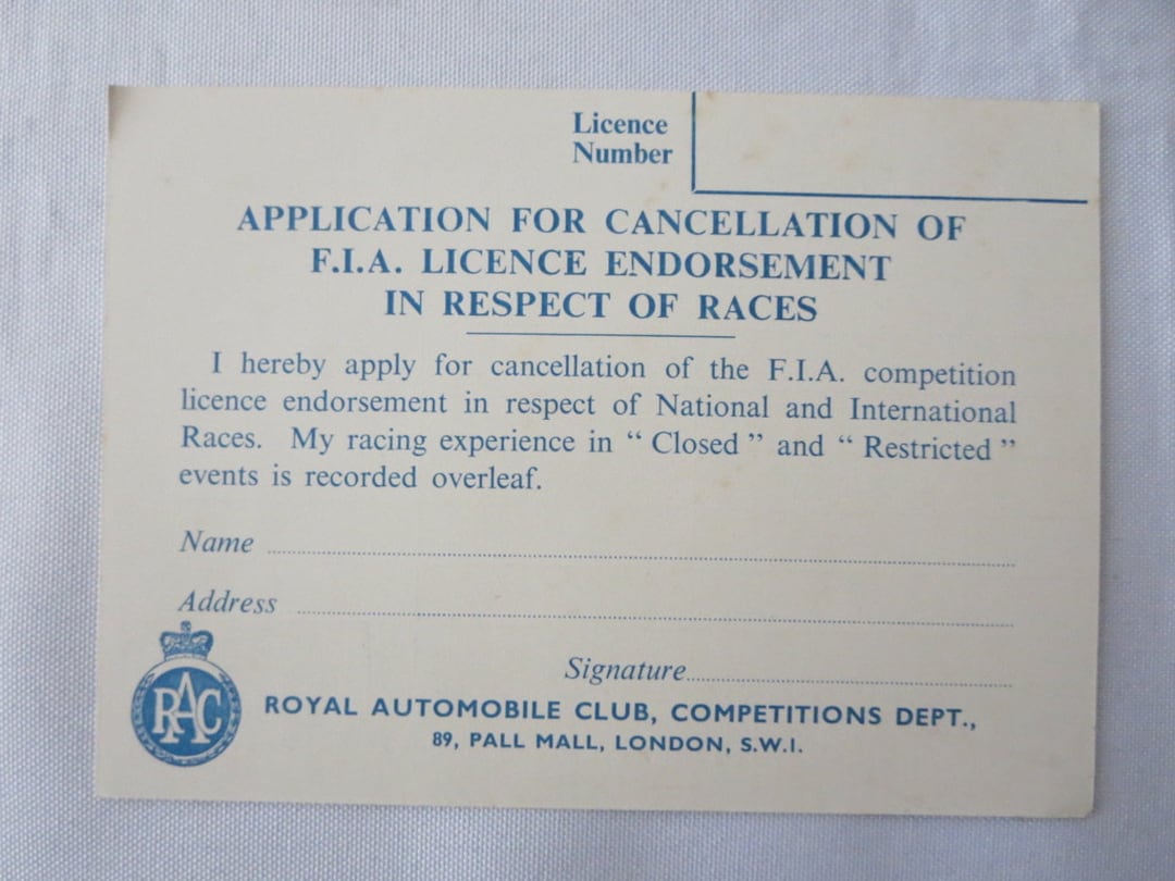 Vintage 1960s Royal Automobile Club RAC Application to Cancel Racing ...