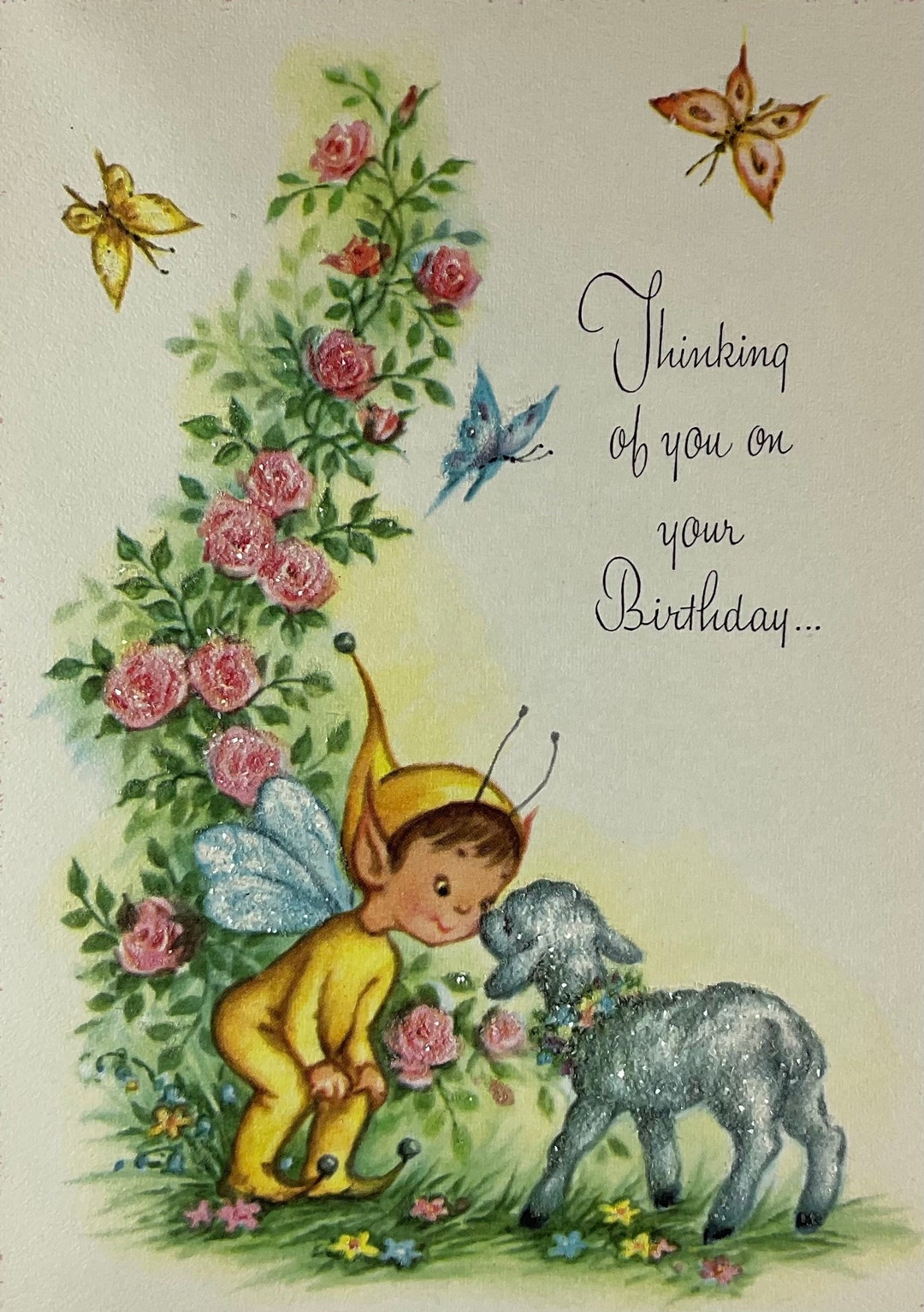 Thinking of You Lamb & Fairy Wings Pixie Elf Knome Glitter Rose Flowers ...