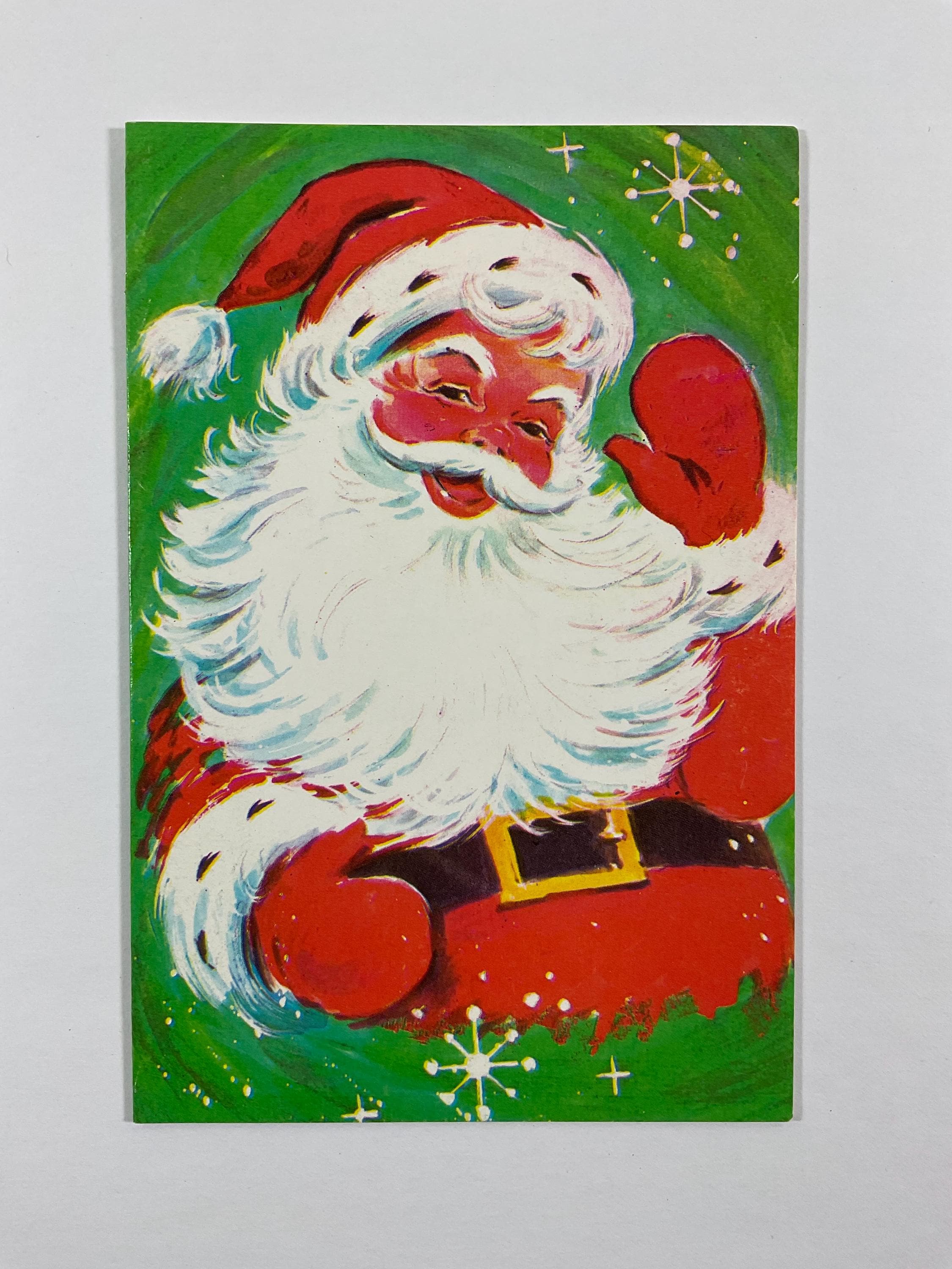 Red Mitten Waving Santa Claus & Snowflakes 1940s Unused Christmas Xmas ...