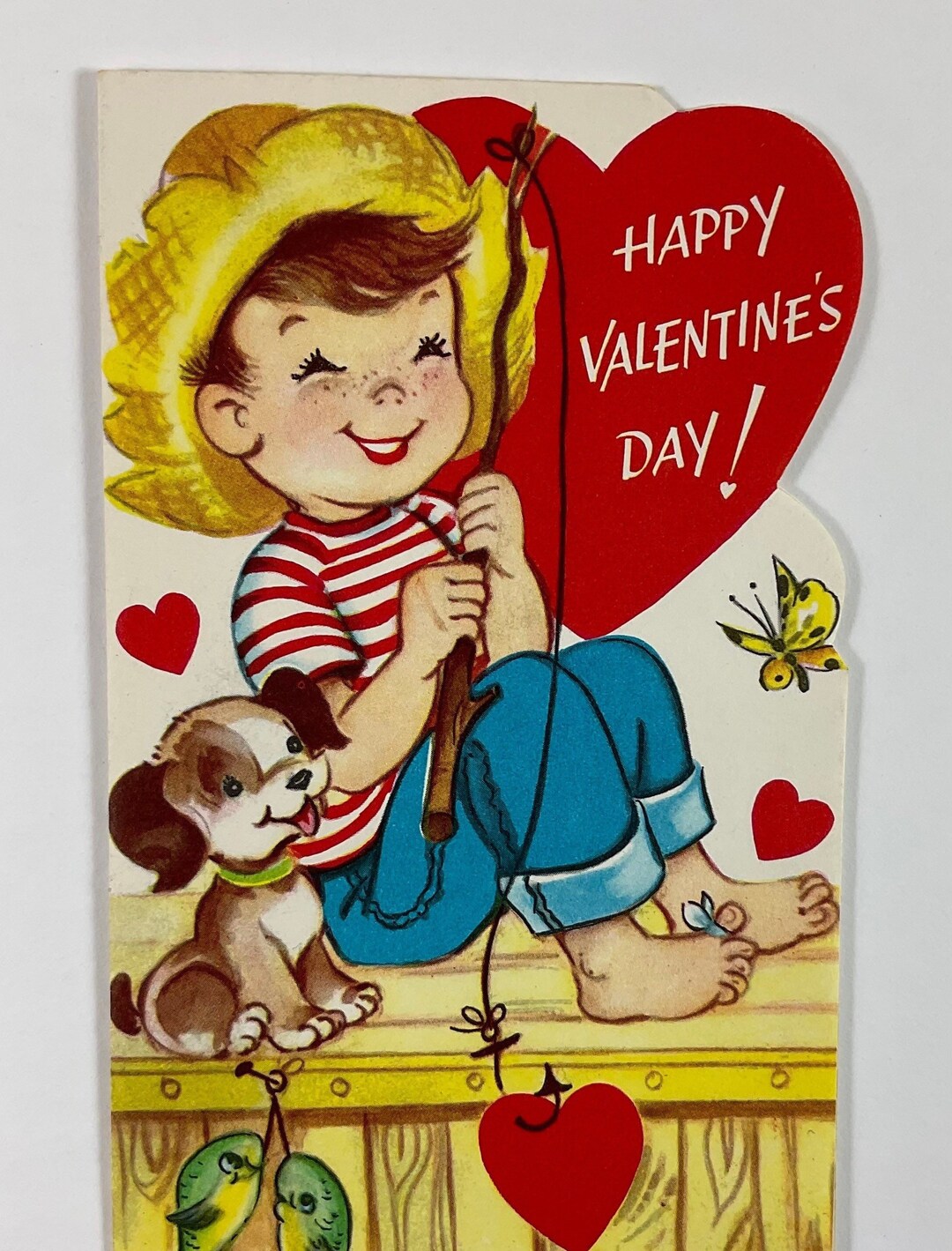 Wish I Could Catch Your Heart Boy & Puppy Dog Fishing Vintage Unused ...
