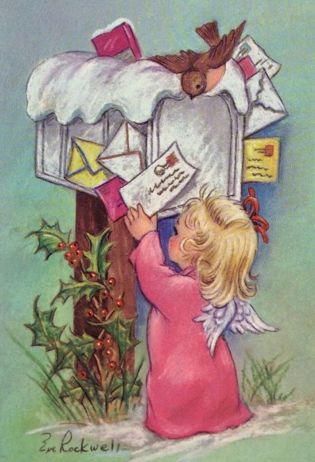 Angel Delivering Letter in Mailbox Vintage 1950s Unused Christmas Xmas ...
