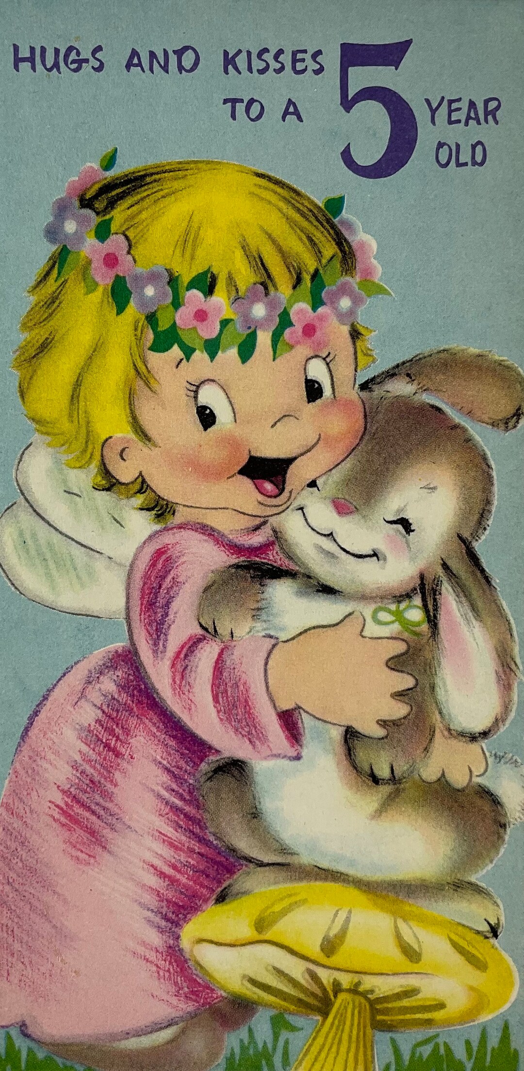 Hugs Kisses Little Angel & Bunny Rabbit Vintage Unused 1940s Charmcraft Birthday Greeting Card ...