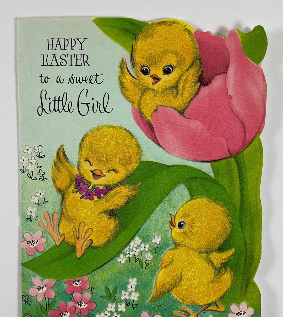 Fuzzy Flocked Chicks Sliding on Tulip Flower Leaves Vintage 1950s ...