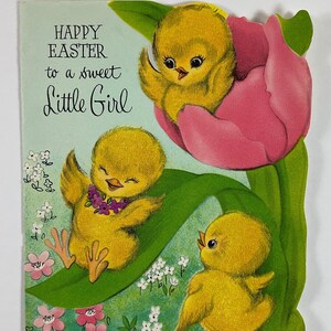 Fuzzy Flocked Chicks Sliding on Tulip Flower Leaves Vintage 1950s ...