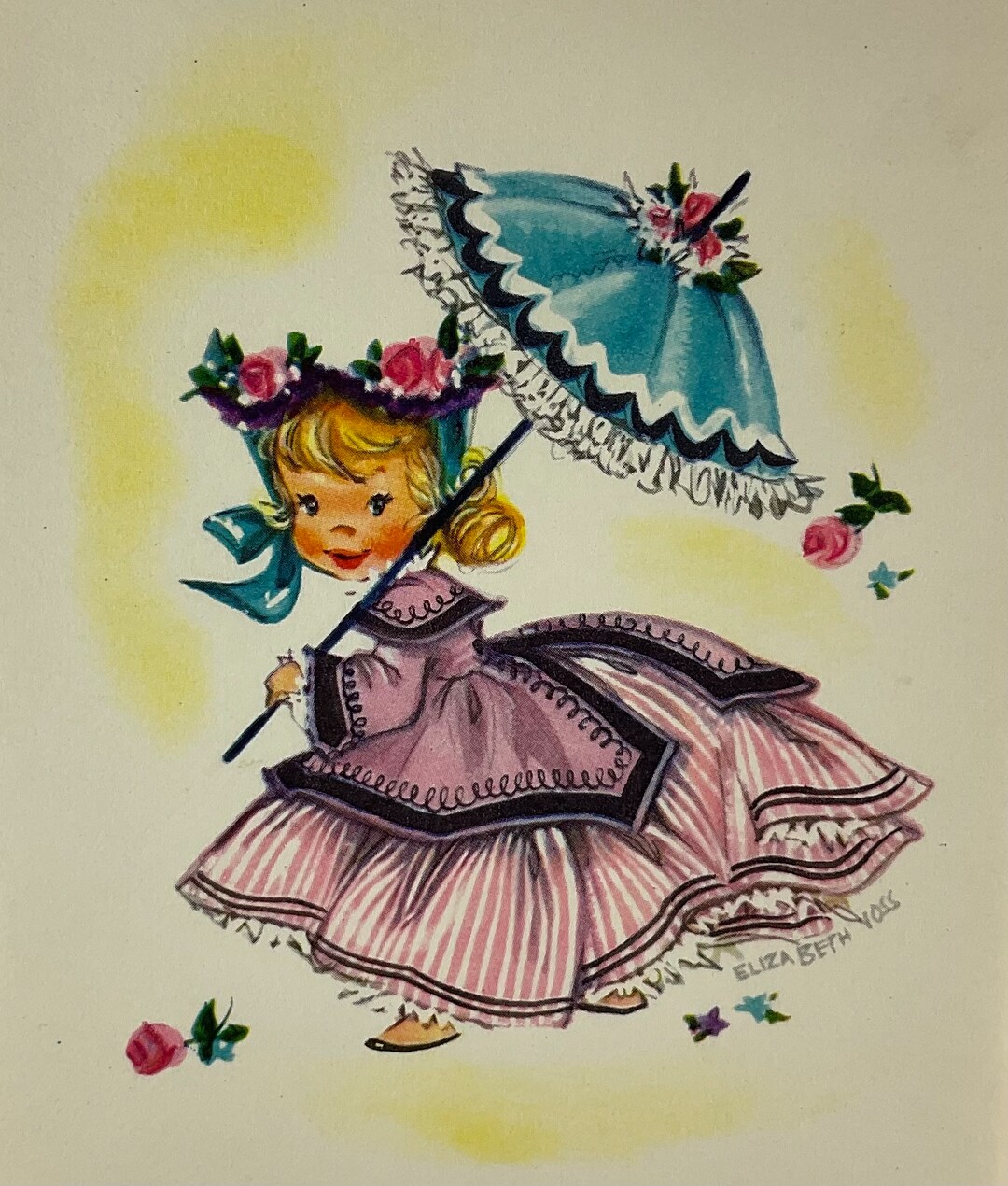 Pink Pedicoat Dress Little Girl Parasol & Roses Vintage 1940s Elizabeth ...