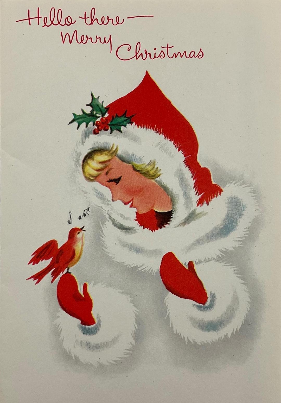 Art Deco Retro Snow White Fur Cape Girl & Singing Red Bird Vintage ...