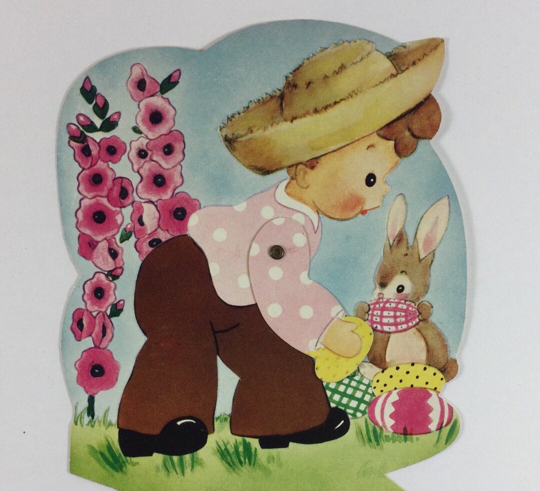 Straw Hat Wearing Child & Bunny Rabbit Collecting Eggs Vintage - Etsy