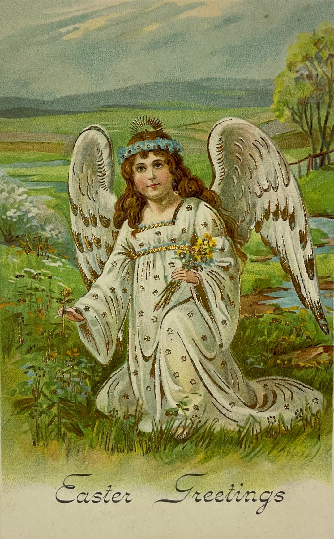 Gold Embellished Angel in A Field Vintage Antique 1900s Embossed Easter ...