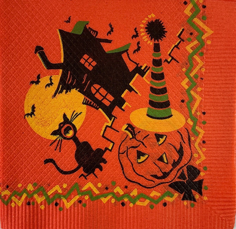 Witch Hat JOL Pumpkin Black Cat Bats & Haunted House Vintage - Etsy