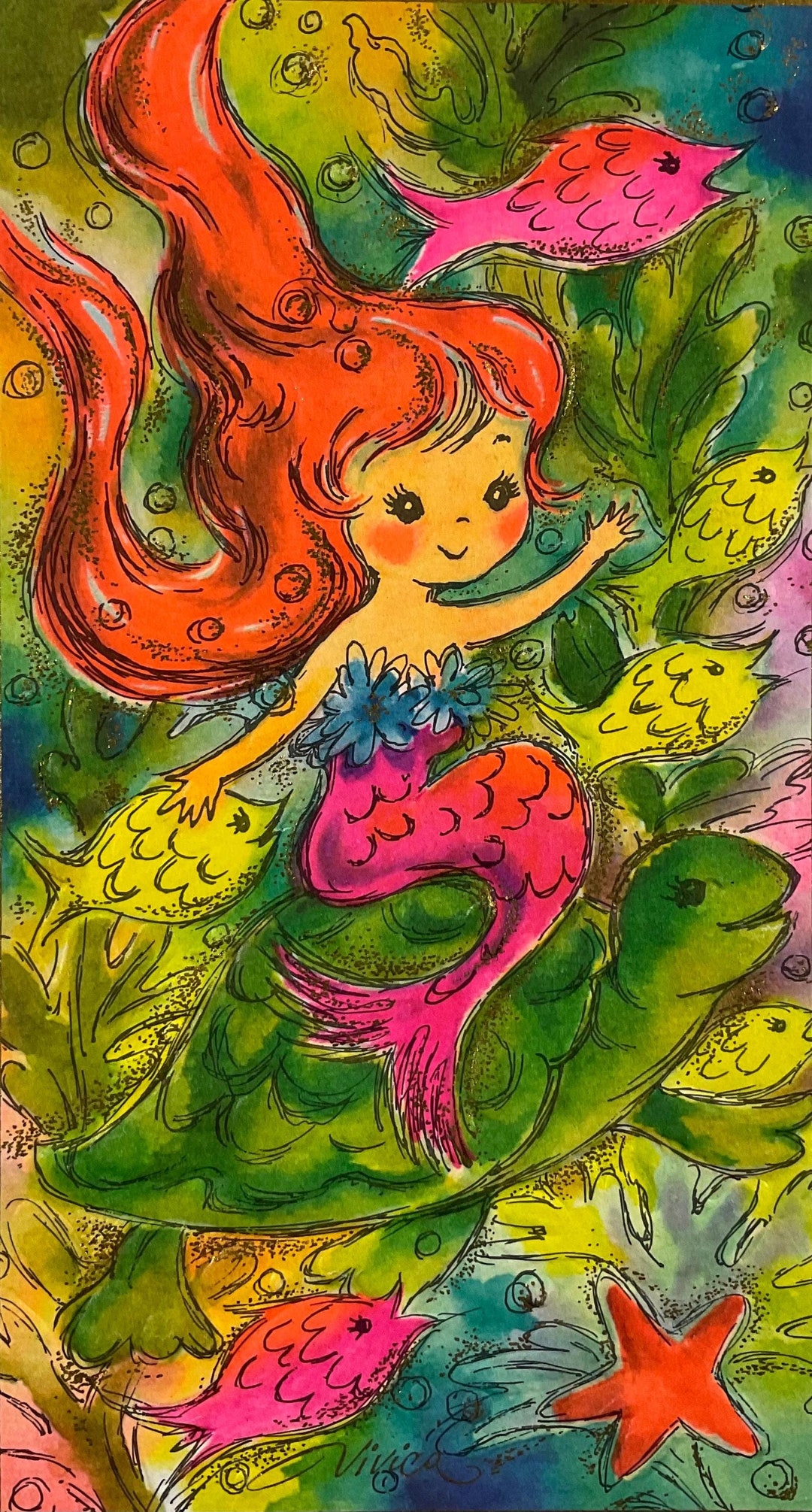 Art Deco Retro Mermaid Riding on Turtle Vintage Unused Vivica ...