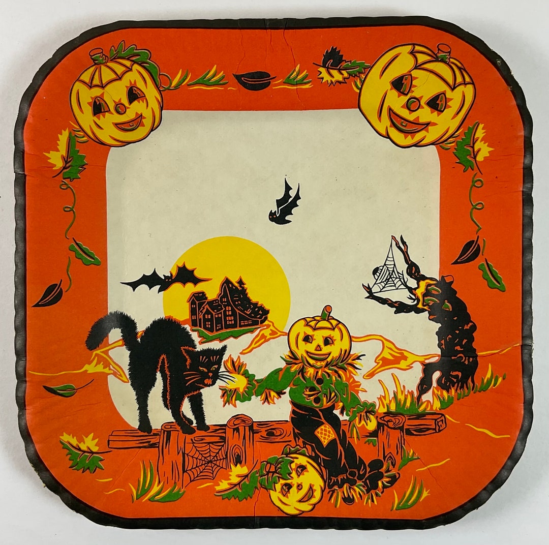 Black Cat Haunted House Bats Spider Webs & JOL Pumpkin Scarecrow ...