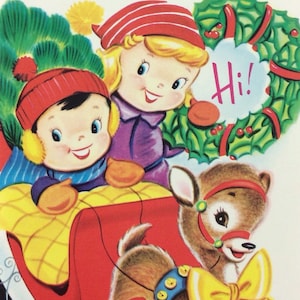 Children Riding Reindeer Sleigh Vintage 1950s Unused Artis Activity ...