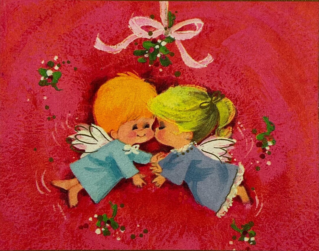 Sweet Little Angels Flying Under Mistletoe Vintage 1950s Unused Gibson ...